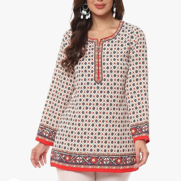 Biba | Tops | Biba Red Blue Floral Ethnic Straight Kurti Tunic Longline ...